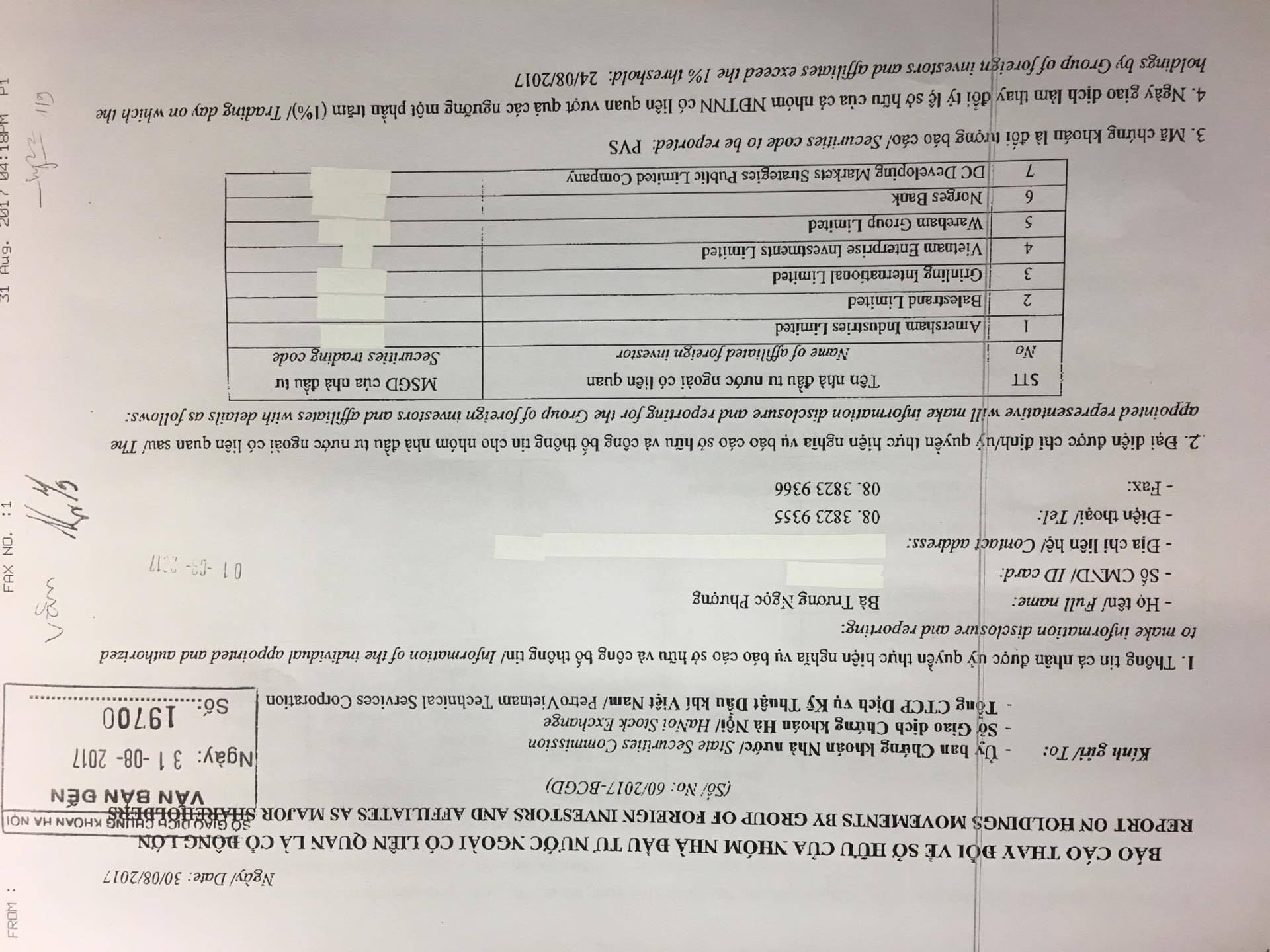 PVS: Báo cáo thay đổi sở hữu của nhóm nhà đầu tư nước ngoài có liên ...