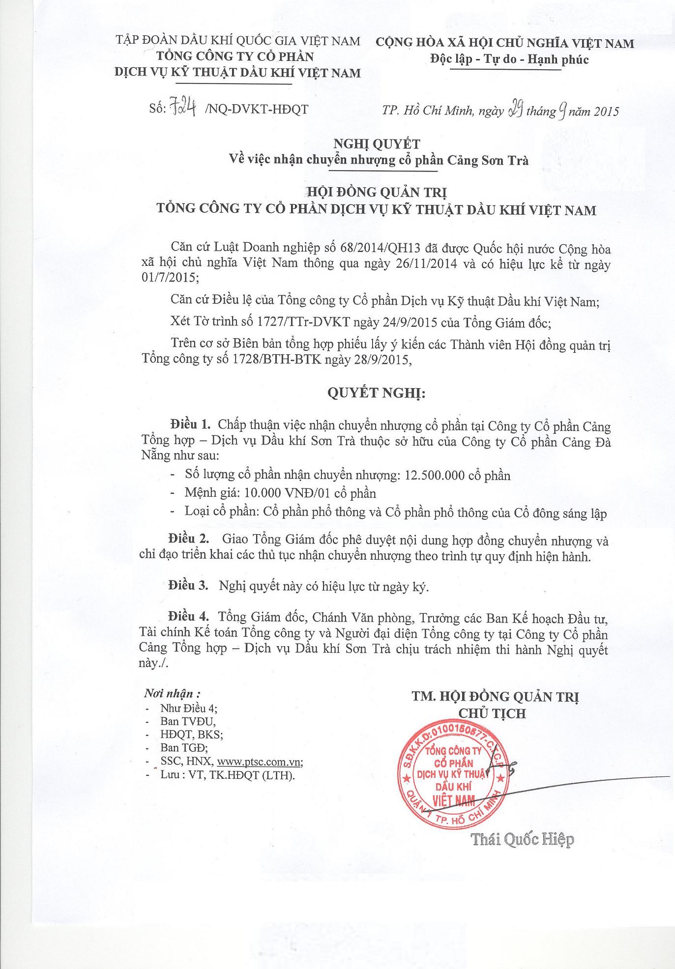 PVS: NQ v/v nhận chuyển nhượng cổ phần Cảng Sơn Trà