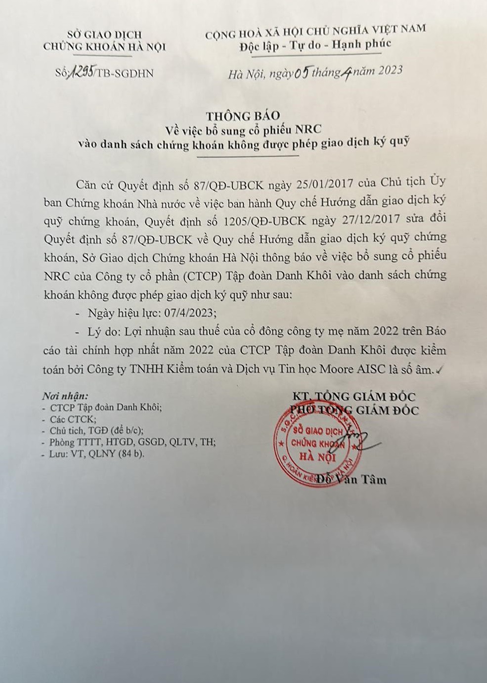 NRC: Thông báo về việc bổ sung cổ phiếu NRC vào danh sách không được ...