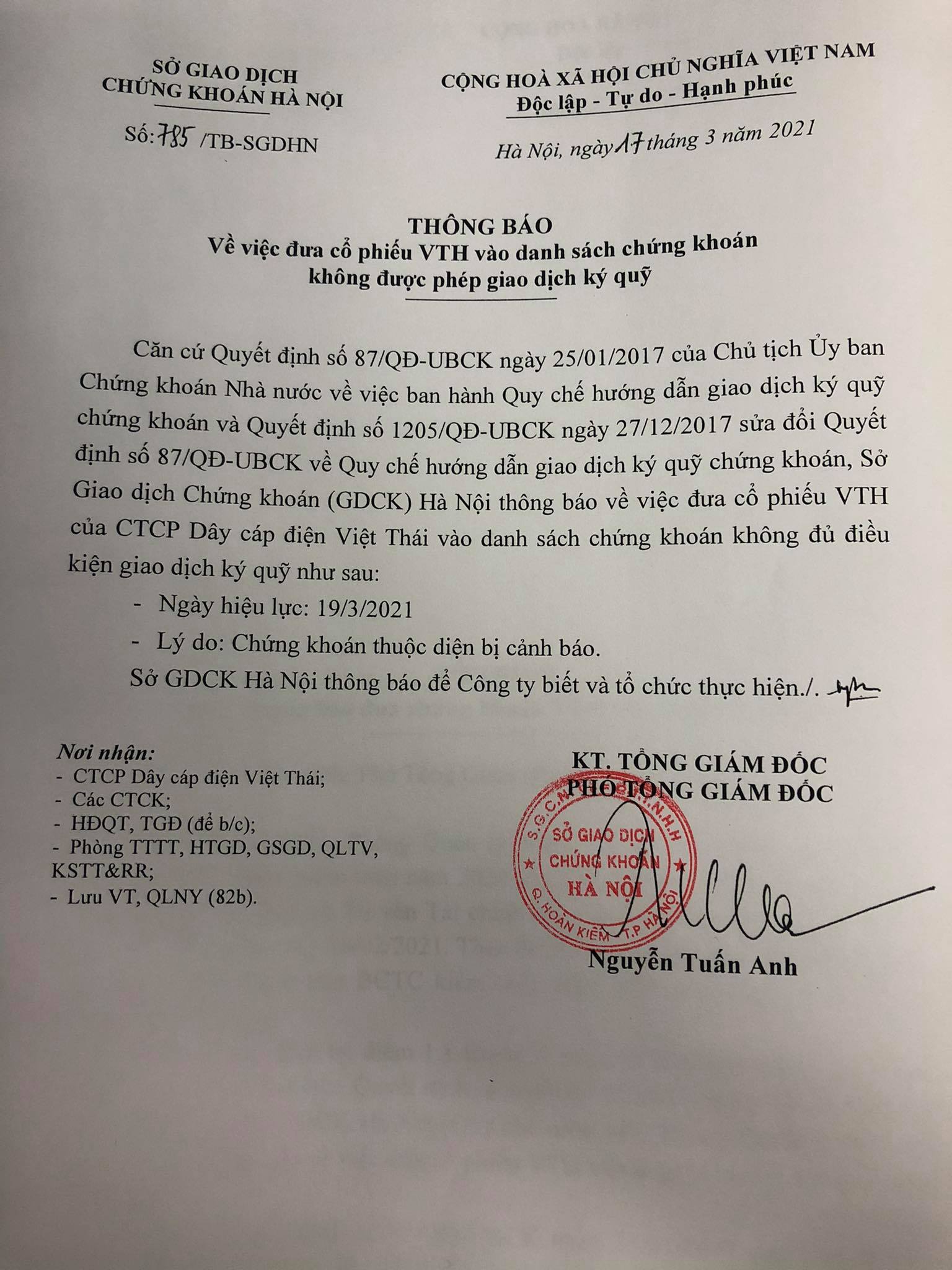 VTH: Đưa cổ phiếu VTH vào danh sách chứng khoán không đủ điều kiện giao ...