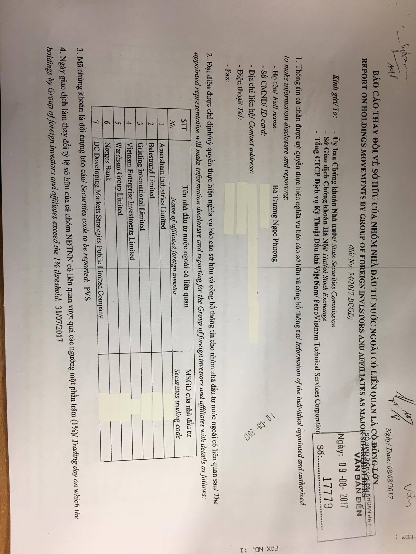 PVS: Báo cáo thay đổi sở hữu của nhóm nhà đầu tư nước ngoài có liên ...