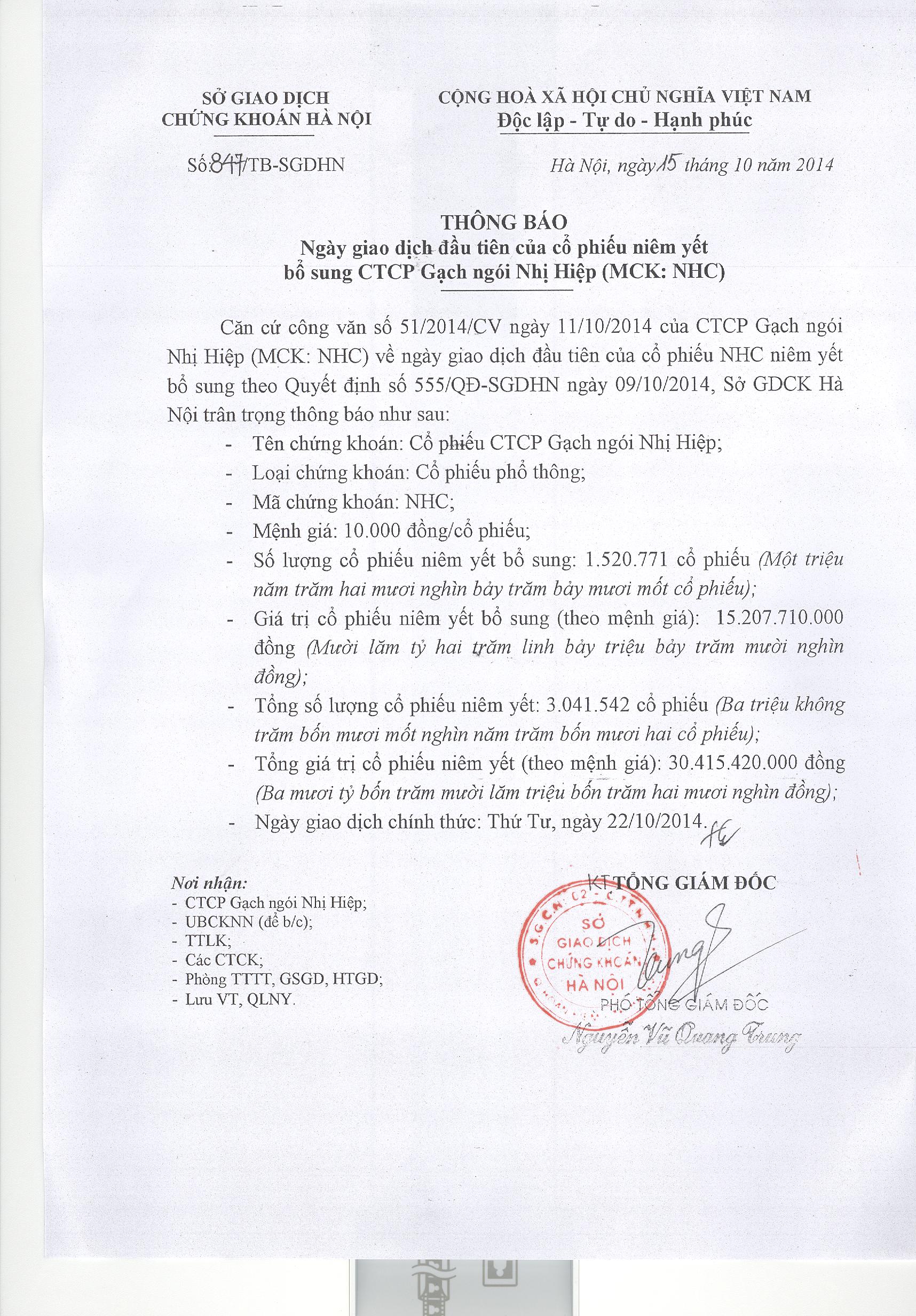 NHC: 22/10 , ngày niêm yết bổ sung 1.520.771 cổ phiếu