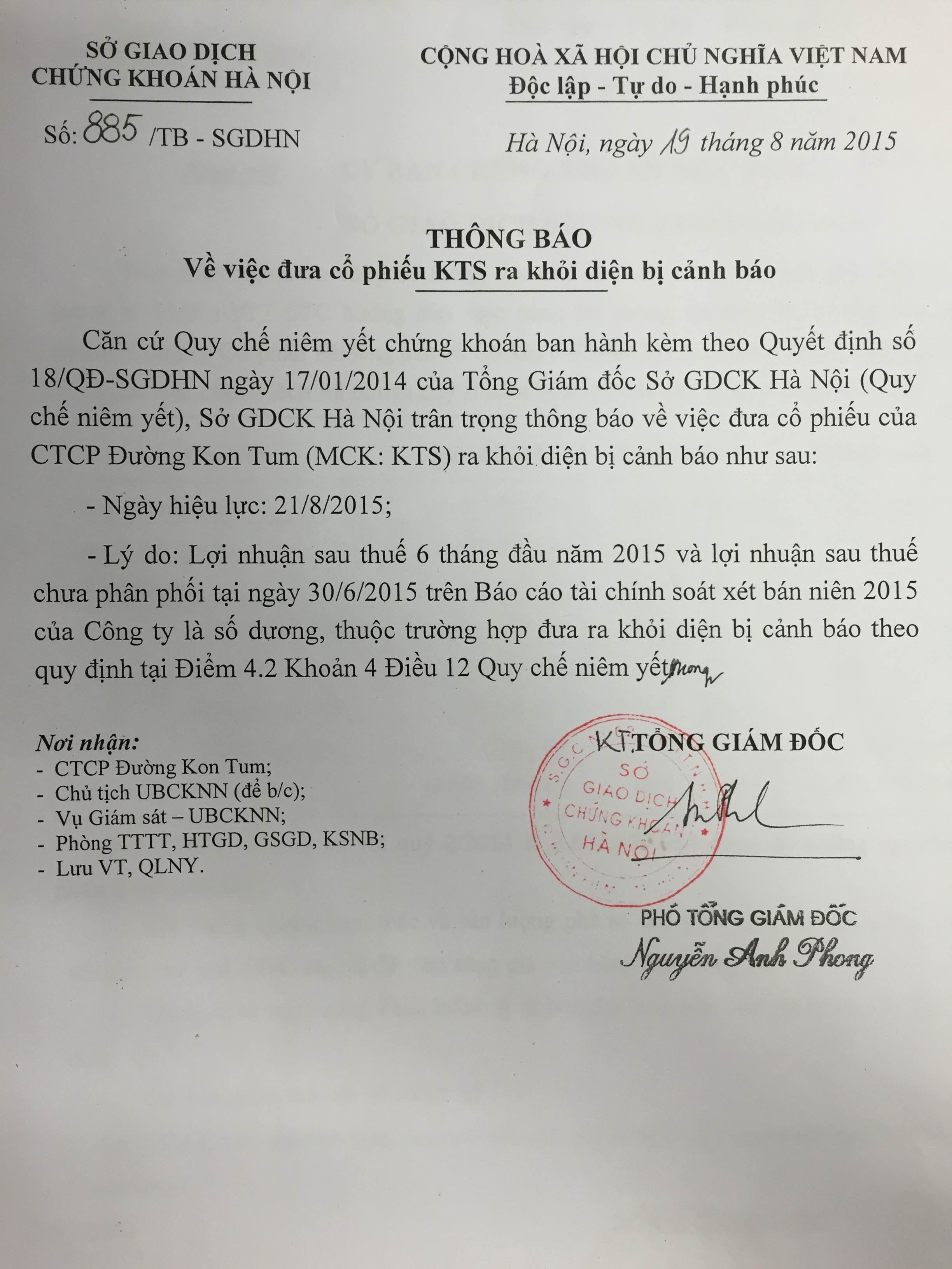 KTS: Thông báo đưa cổ phiếu KTS ra khỏi diện bị cảnh báo