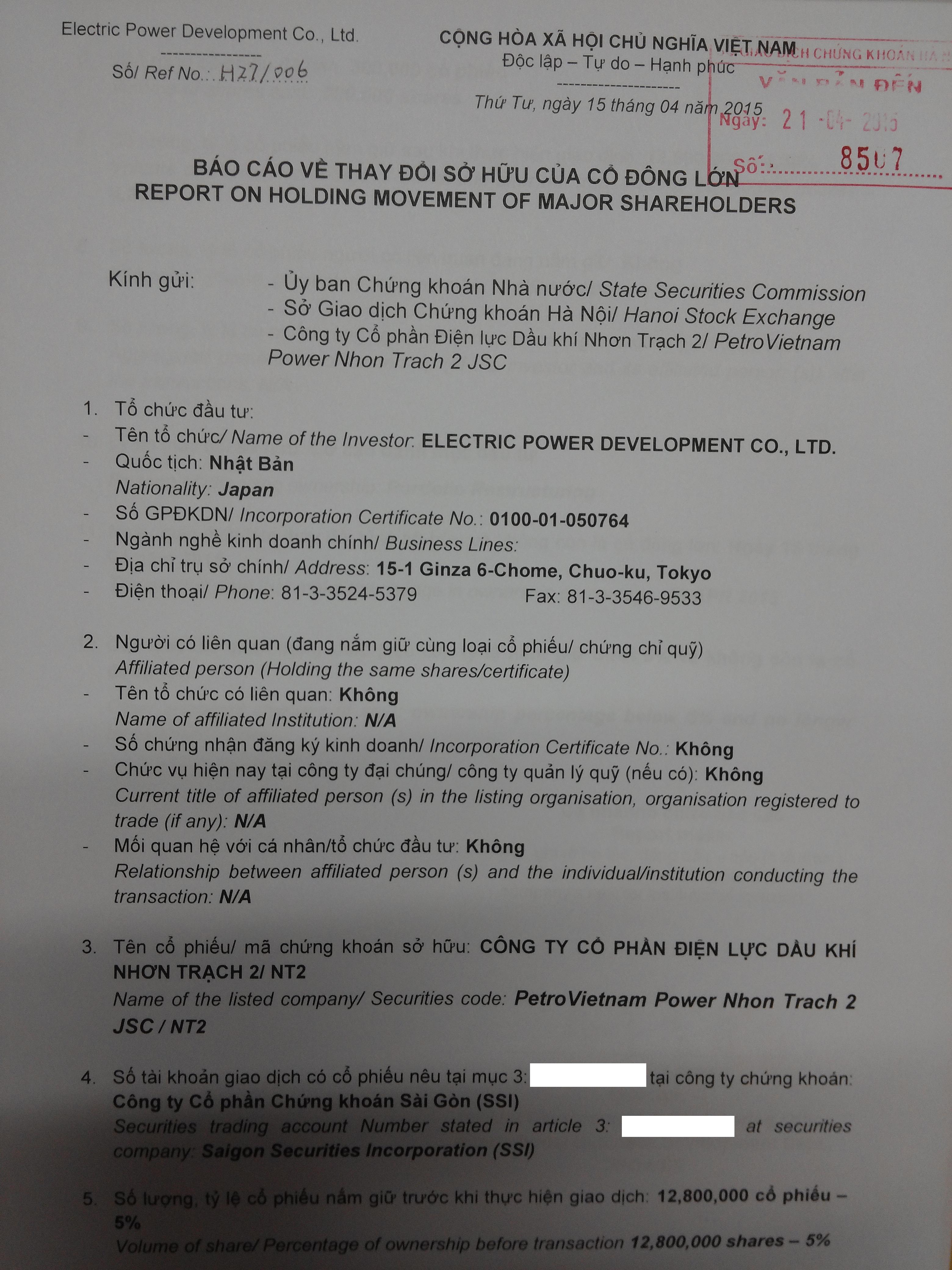 NT2: Electric Power Development Co., Ltd. đã bán 300.000 CP