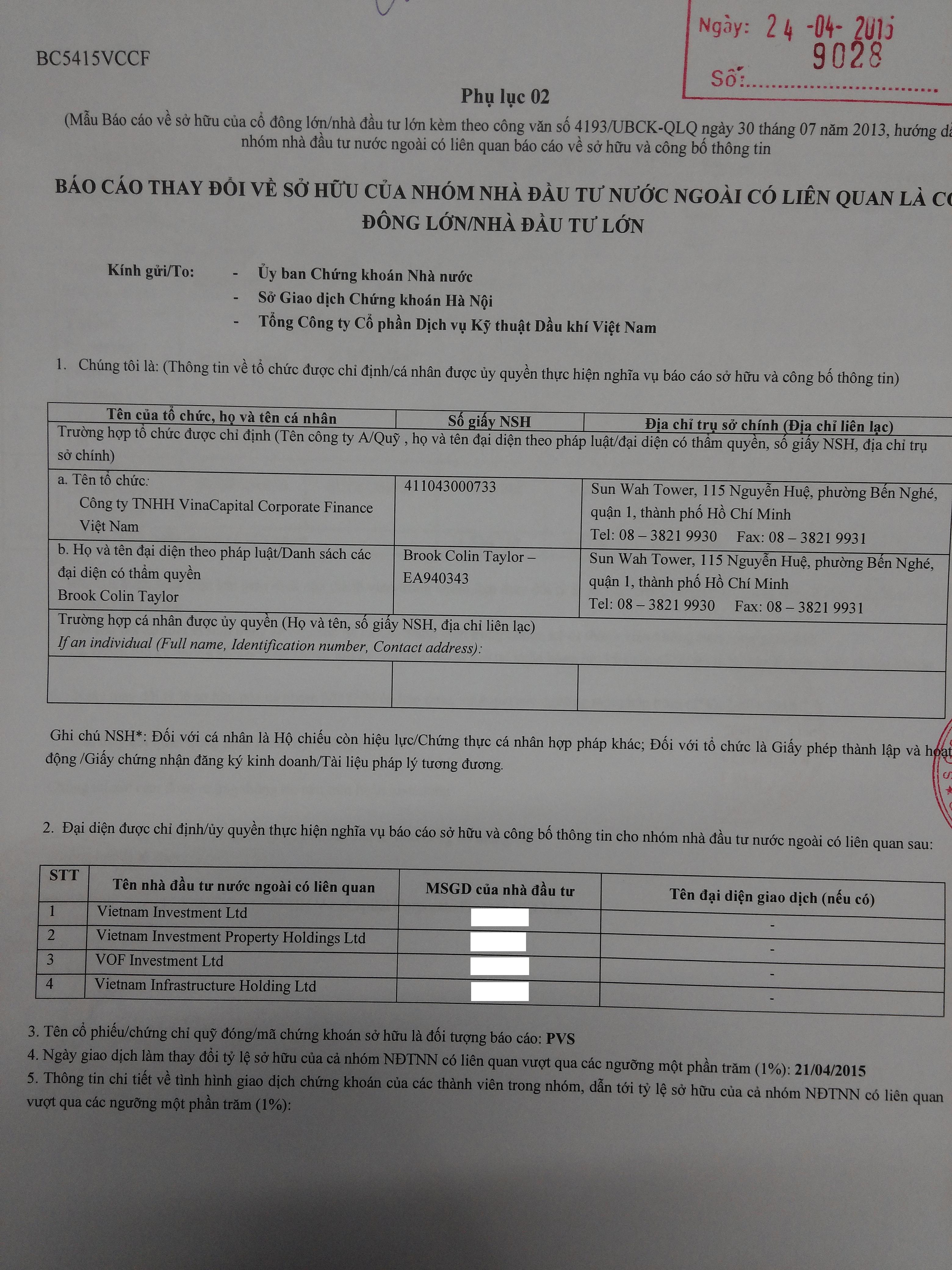 PVS: Báo cáo thay đổi sở hữu cổ phiếu PVS của nhóm nhà đầu tư nước ...